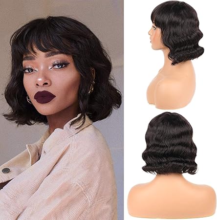 8 inch Short Bob Human Hair Wigs with Bangs Brazilian Virgin Human Hair ...