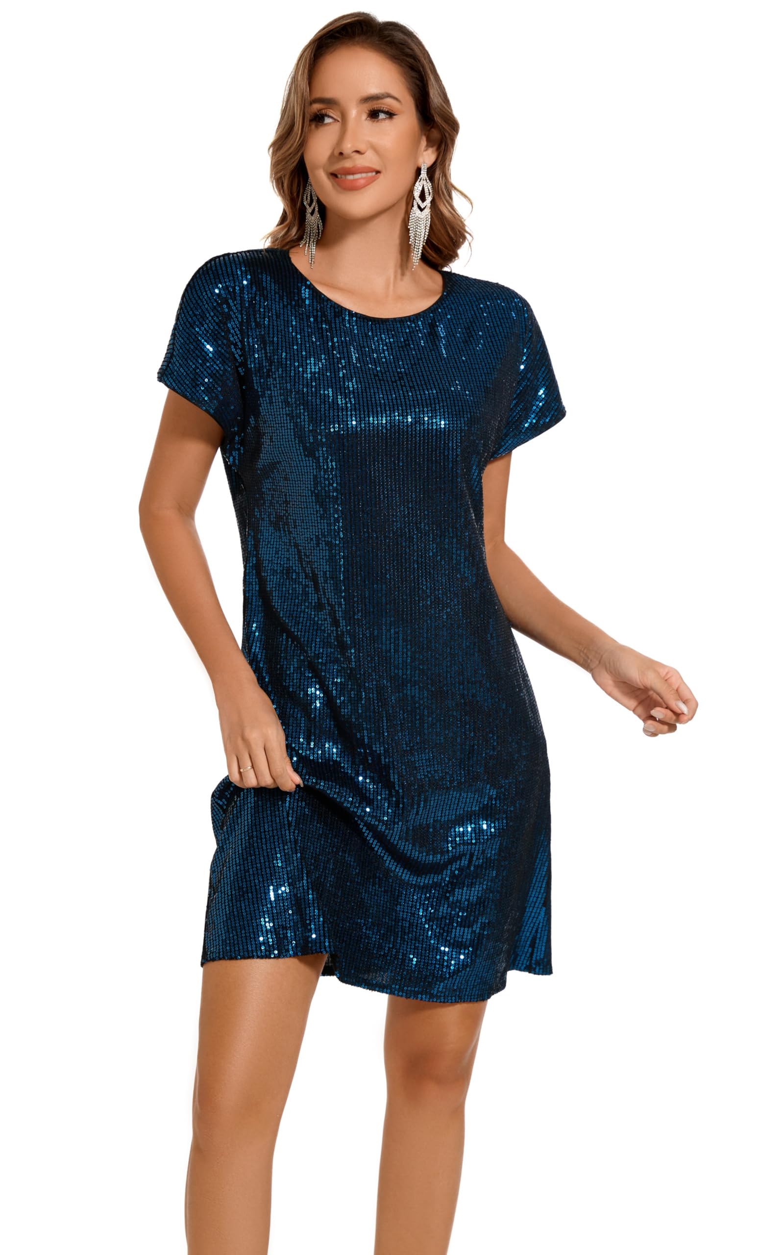 FEMI SEMI Women's Crewneck Sequin Shift Dress Short Sleeve Casual ...