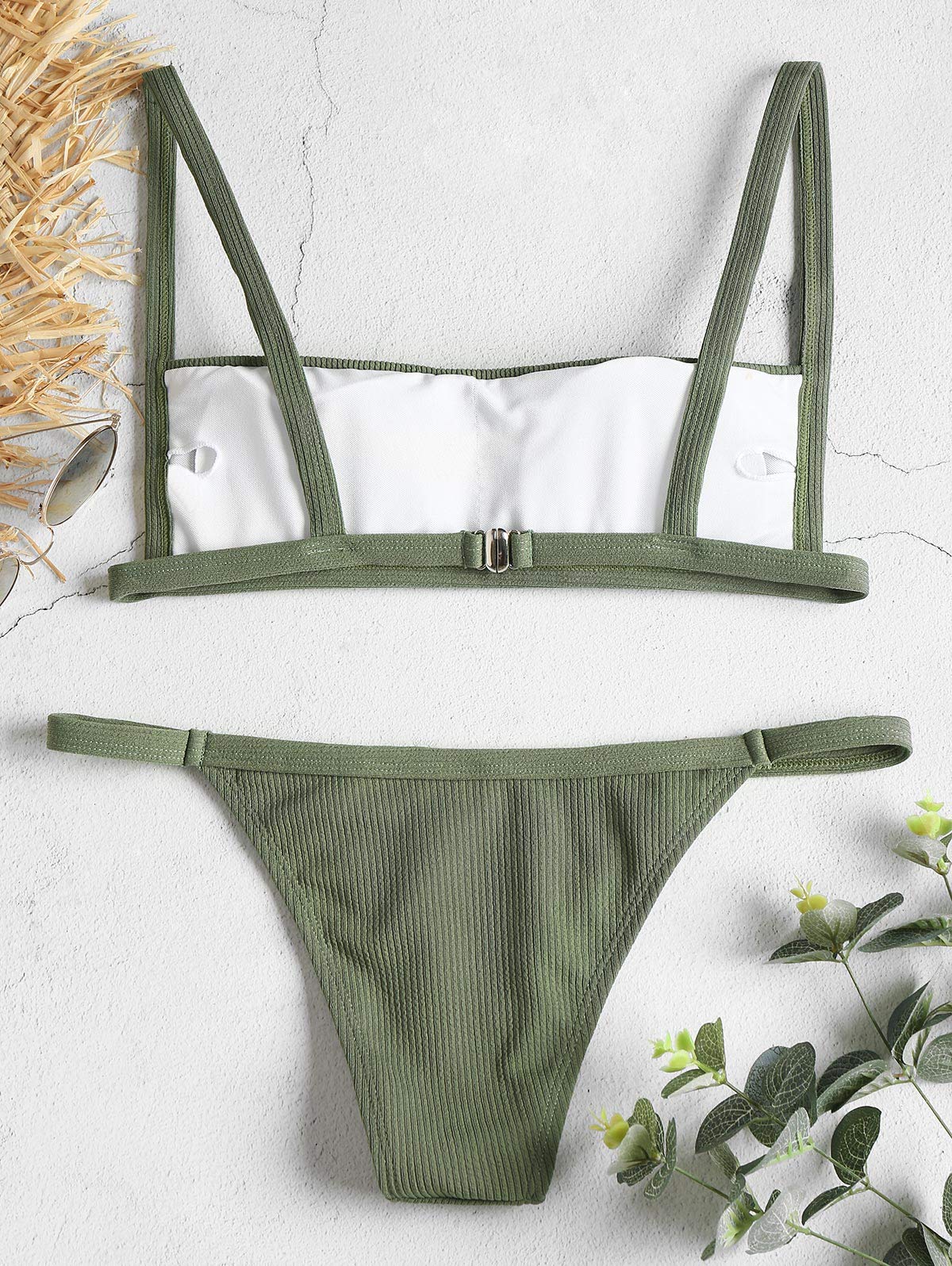 ZAFUL Women’s Ribbed Hook String Bikini Set Square Collar High Cut 2 ...