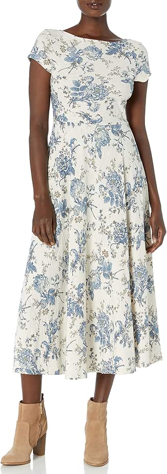 Chaps Women's Short Sleeve Floral Fit and Flare Lightweight Cotton ...