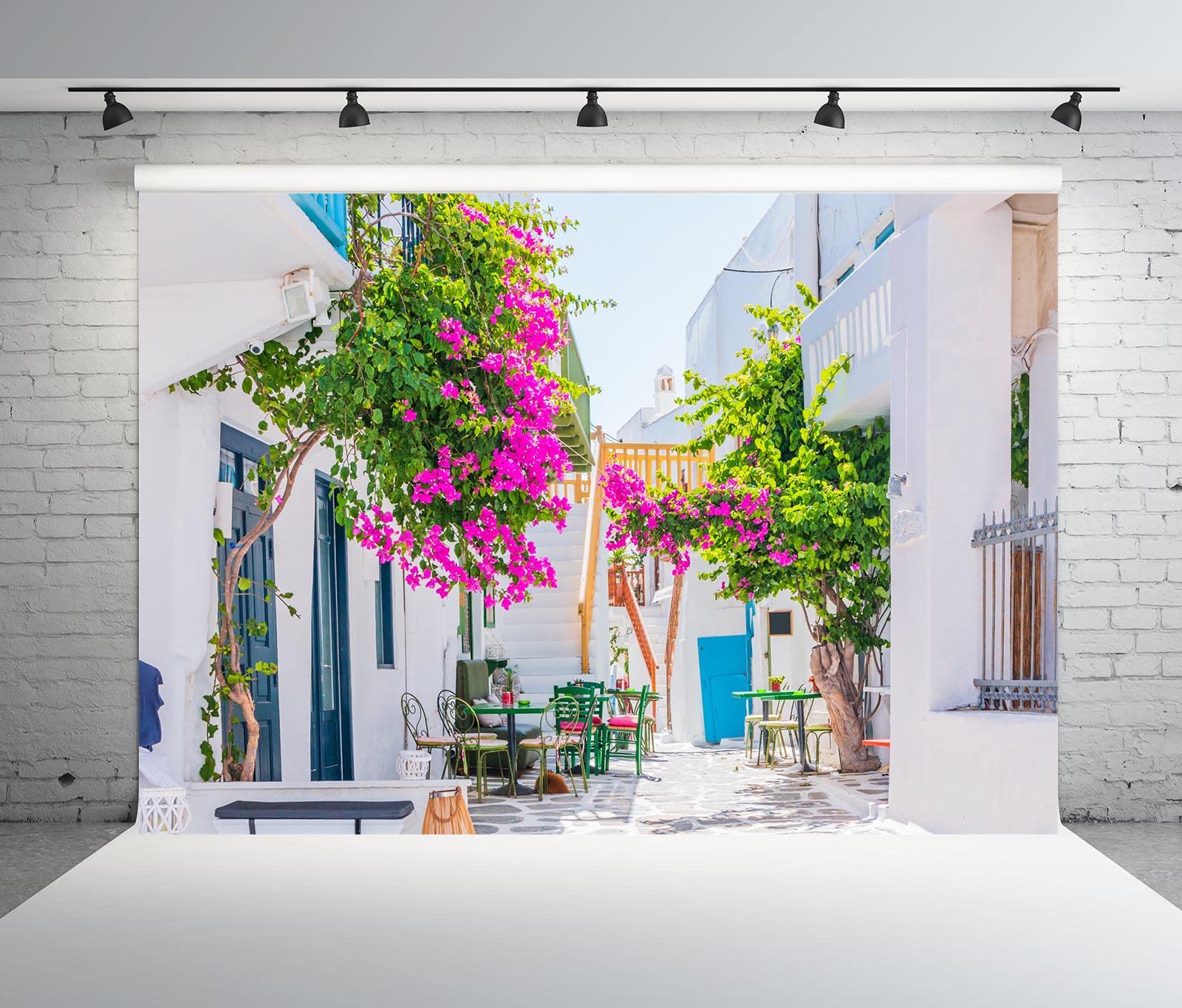 BELECO 9x6ft Fabric Greece Backdrop Mykonos Town Narrow Streets White ...