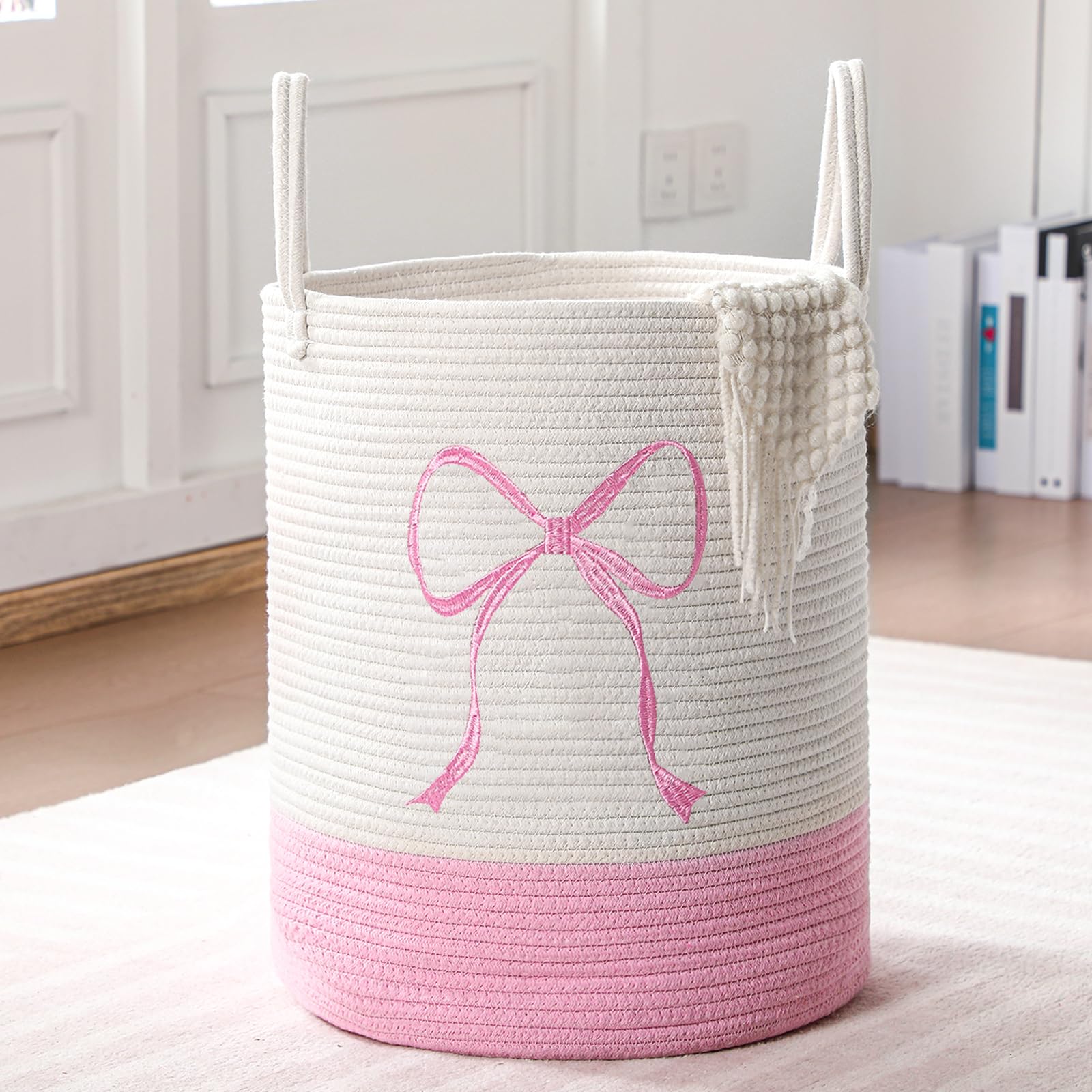 Honeydak Pink Bow Laundry Hamper Coquette Bow Tall Cotton Rope Laundry ...
