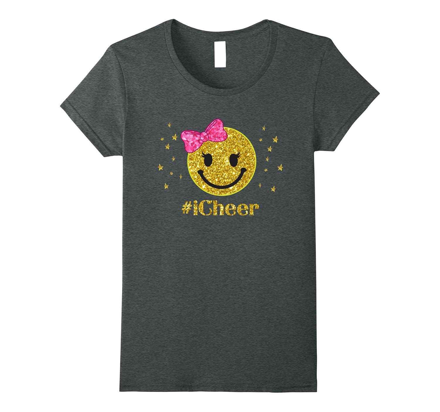Hashtag # i Cheer Shirts Smiley Face Pink Bow Gold Stars Tee