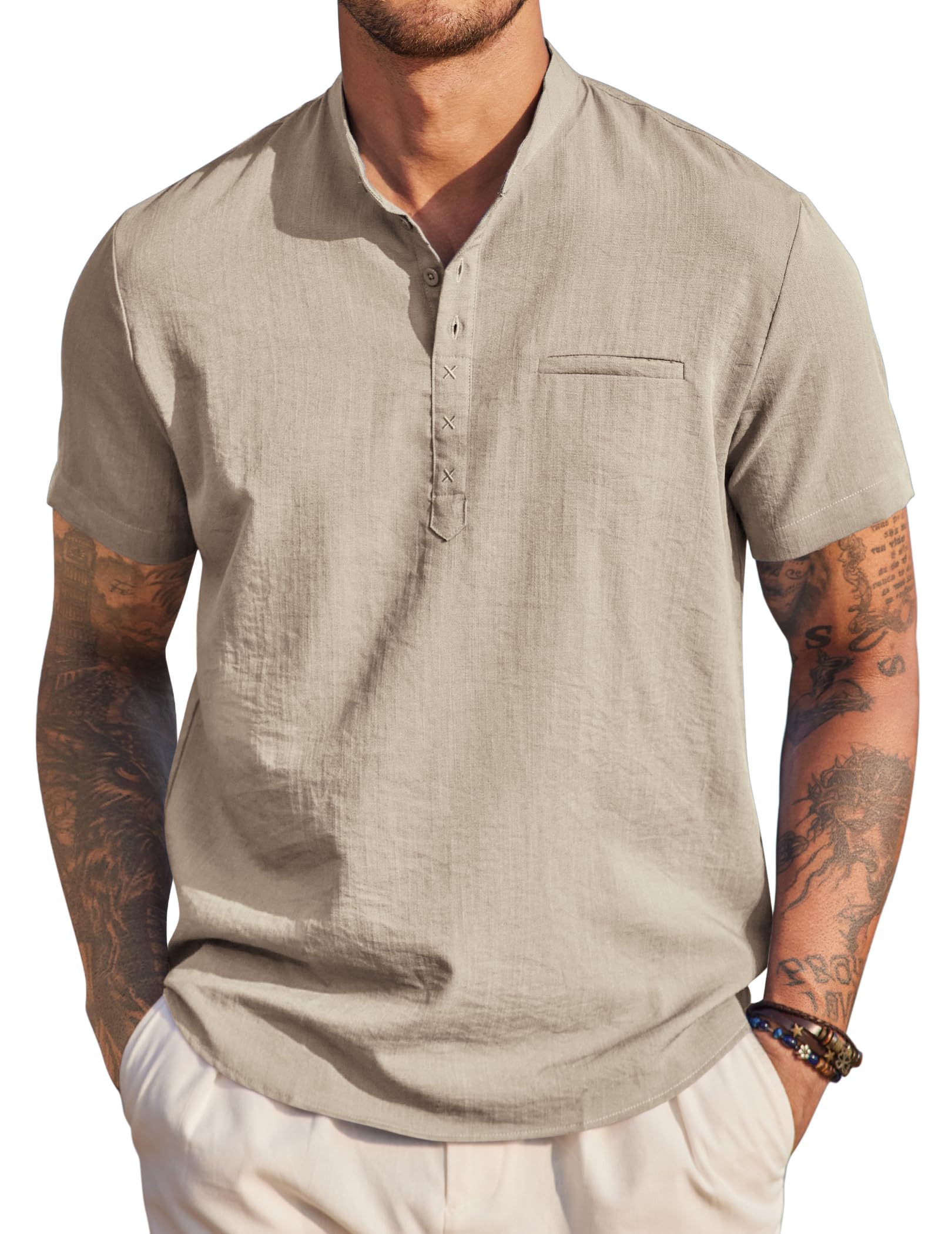 COOFANDY Linen Shirt Collarless Henley Shirts for Men Short Sleeve ...
