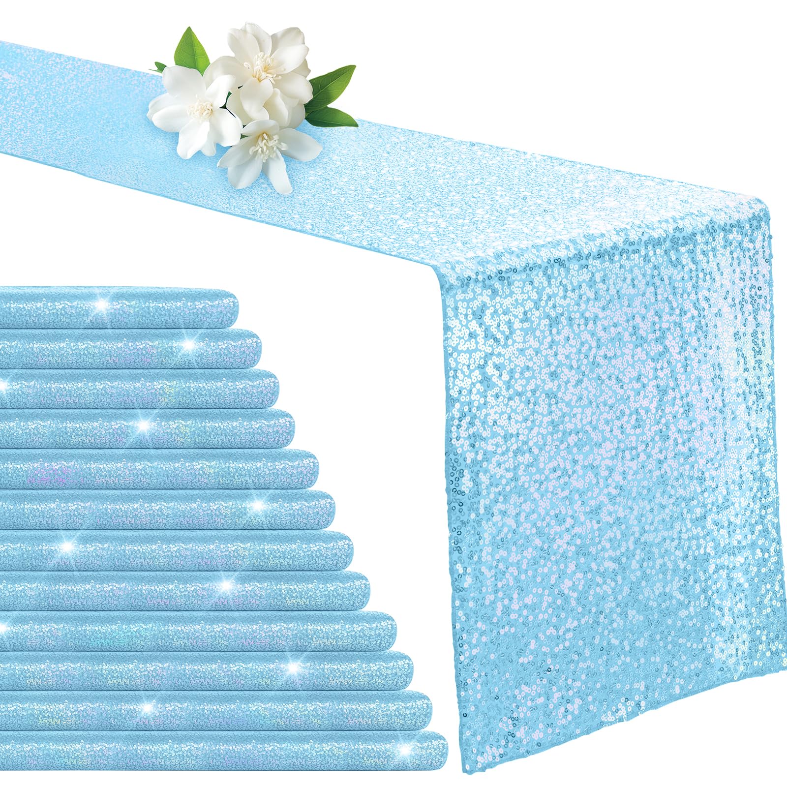 Aormenzy 12 Pack Light Blue Sequin Table Runner 12" x 72", Glitter ...