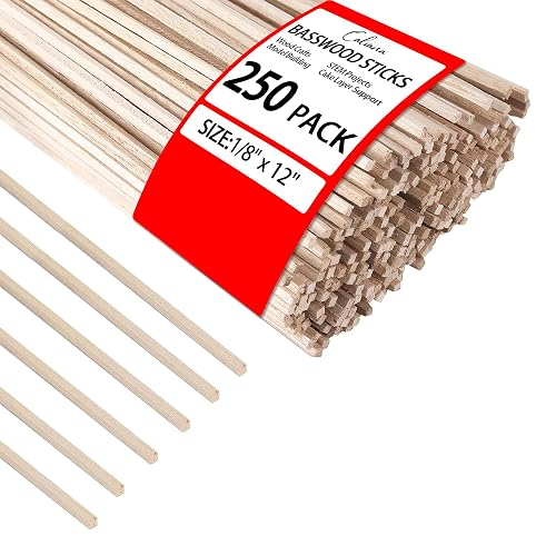 (250 Pcs) Calvana 1/8 x 12 Balsa Wood Sticks, Thin Square Dowels ...