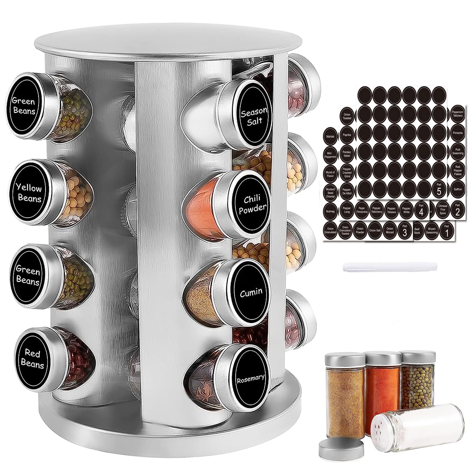 WAYDA Rotating Spice Rack with 16 Jars, Revolving Spice Rack Organizer ...