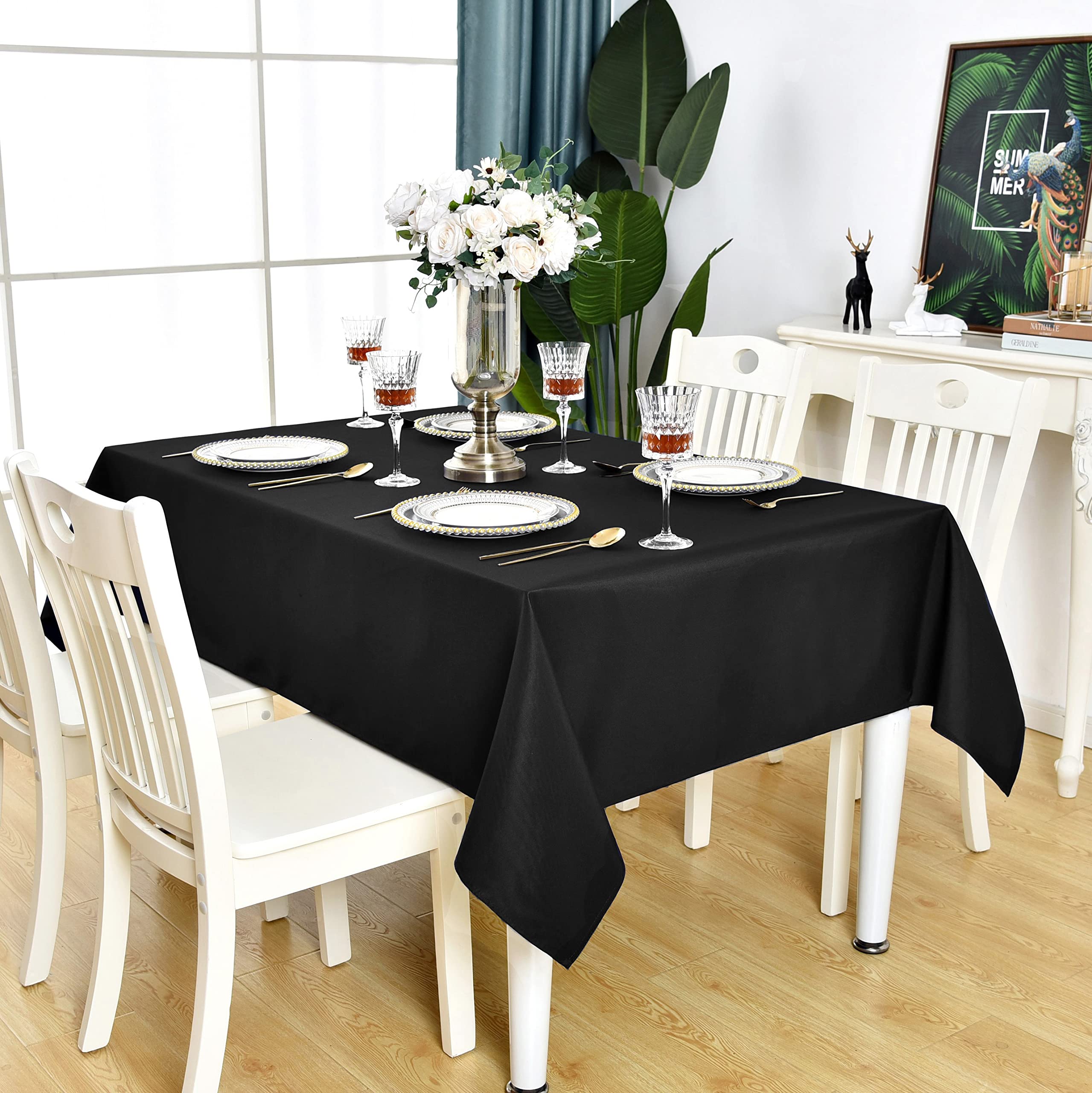KAIPHO Black Rectangle Tablecloth Waterproof Stain Resistant Wrinkle Free Table Cloth 210GSM ...