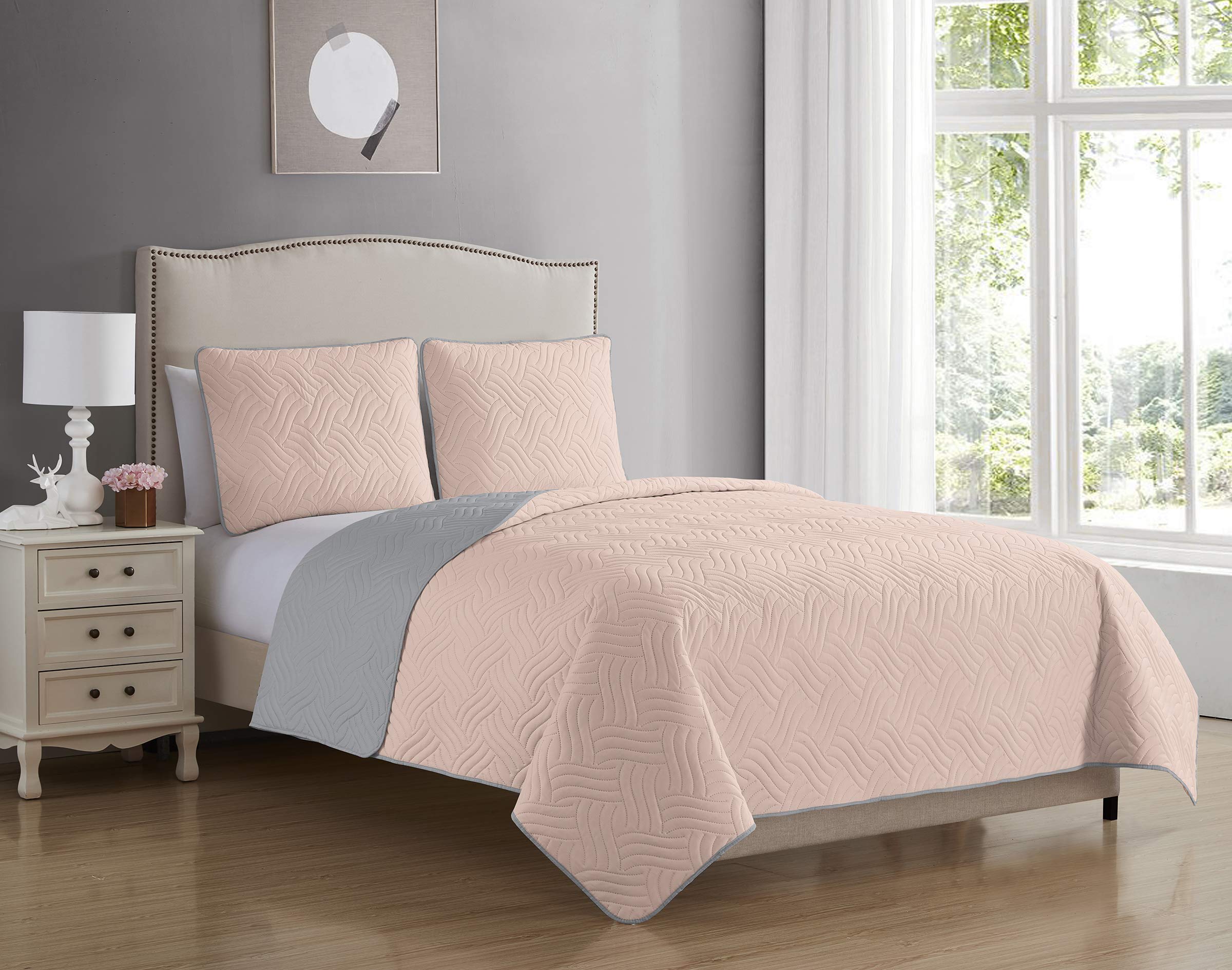 Blissful Living Reversible Luxury Pinsonic Solid Quilt Set Including ...