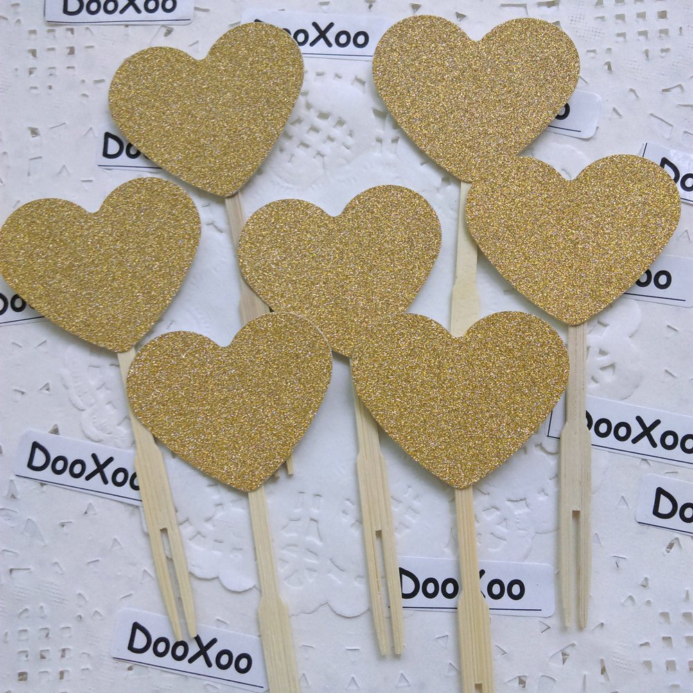 Buy DOOXOO 3.5"Cupcake Topper Heart Cupcake Toppers Wedding Bamboo ...