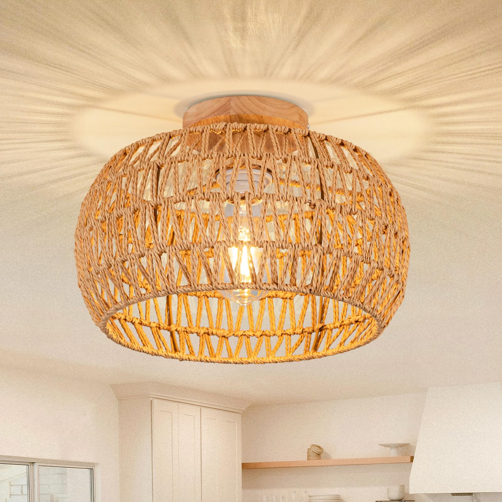 OCWHT Boho Ceiling Light Fixtures Rattan Chandelier Bedroom Light Small ...