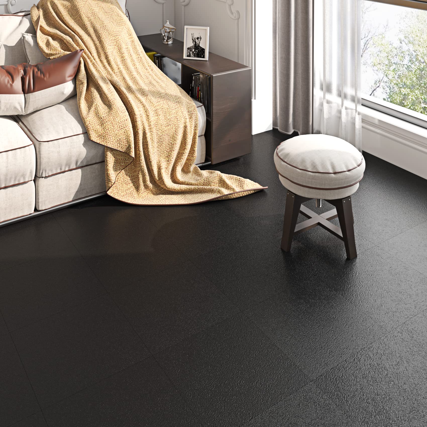 FunStick 30 Sheets Peel and Stick Floor Tile Black Vinyl Flooring ...