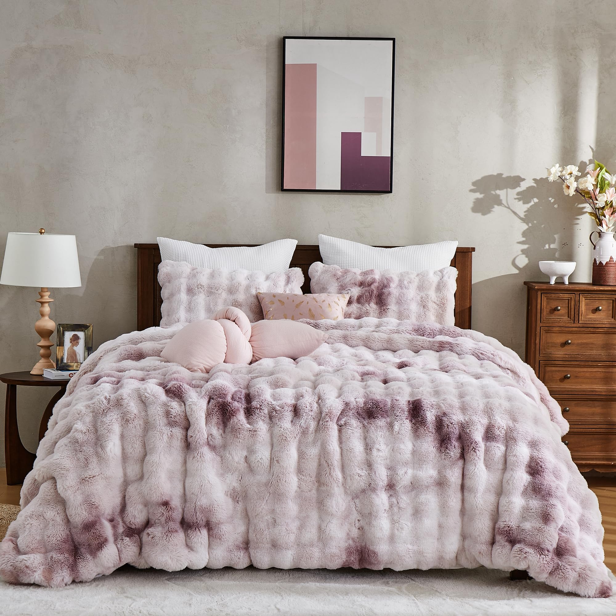 Wonderful 3 Pieces Fluffy Faux Rabbit Fur Bubble Comforter Set Queen ...