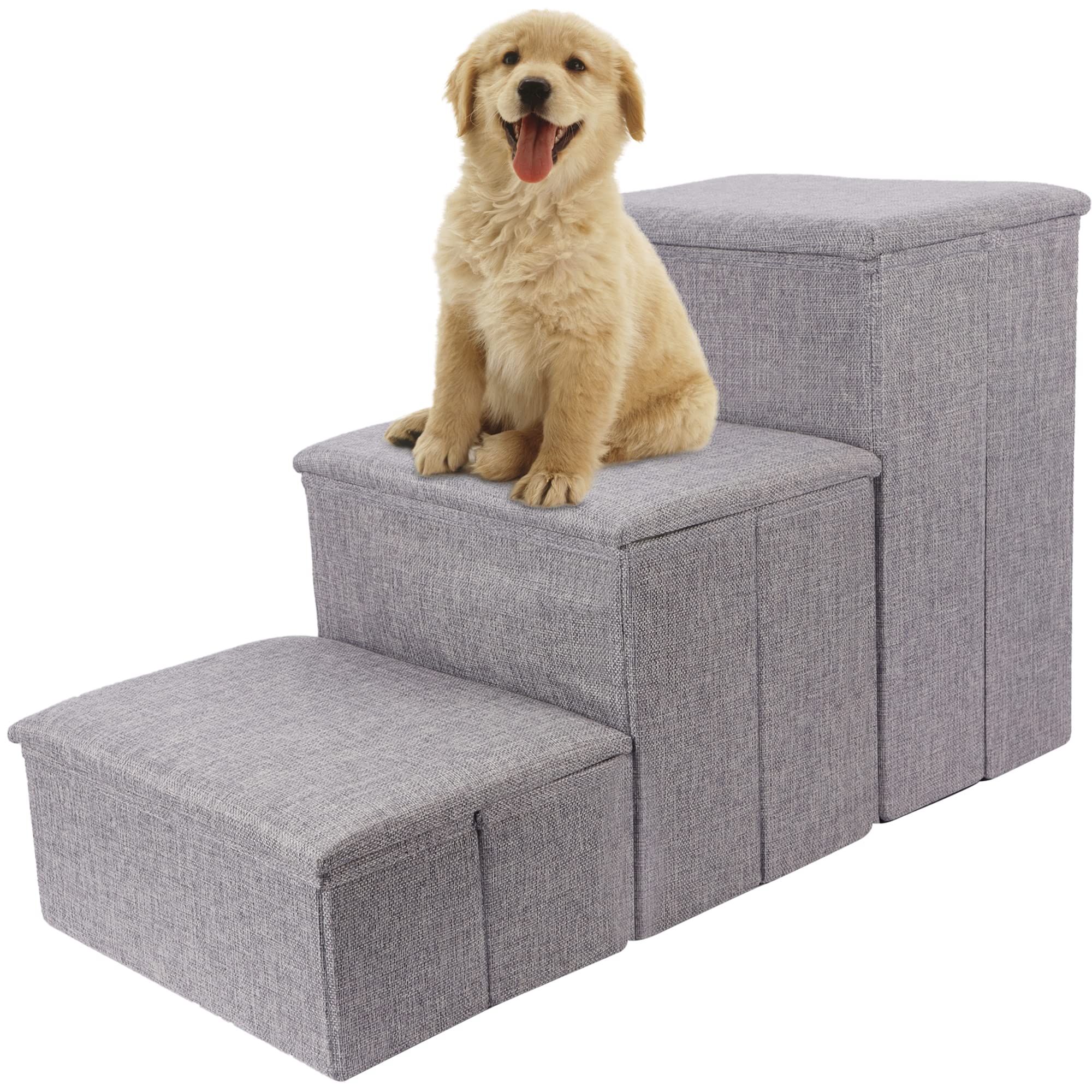 yofit Dog Stairs with Storage, Foldable Pet Steps for High Beds, 3-Step ...
