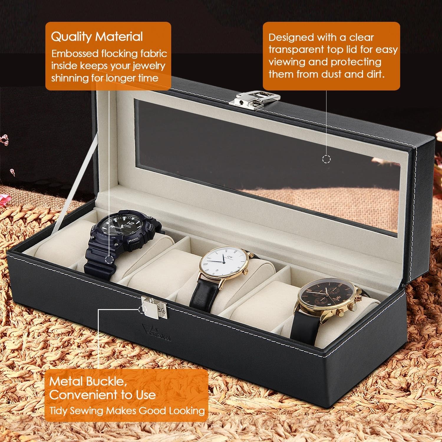 Amzdeal Watch Jewelry Box 6 Grids Leather Watch Storage Display Case ...