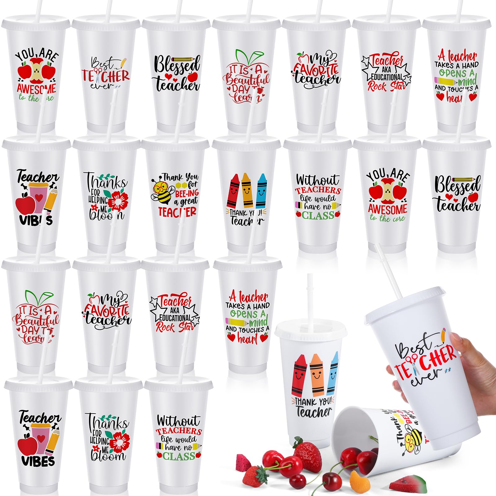 Skylety 24 Pcs Teacher Appreciation Gifts Bulk 24 oz Plastic Teacher ...
