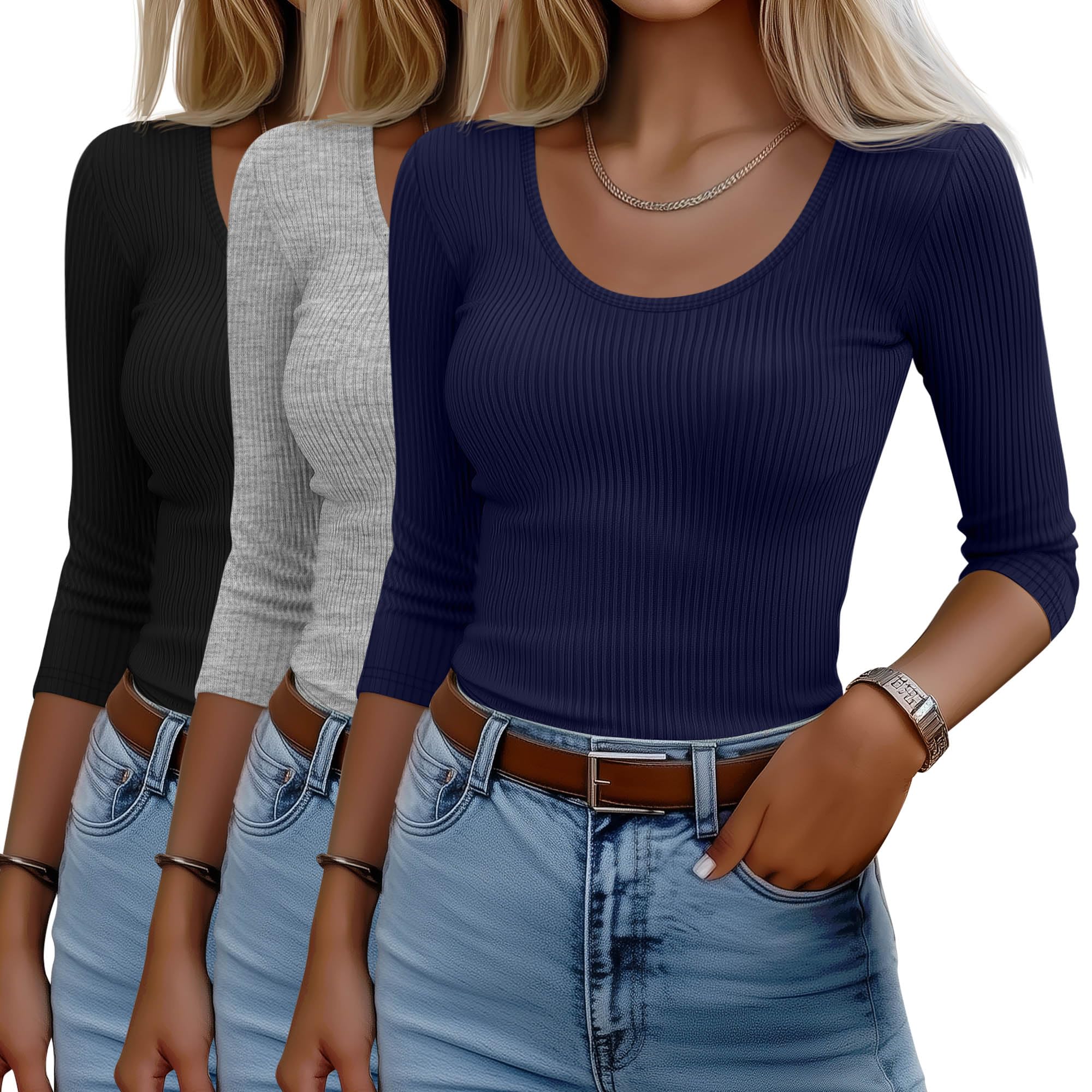 Xaatren 3 Pack 3/4 Length Sleeve Tops for Women Ribbed Scoop Neck Slim ...