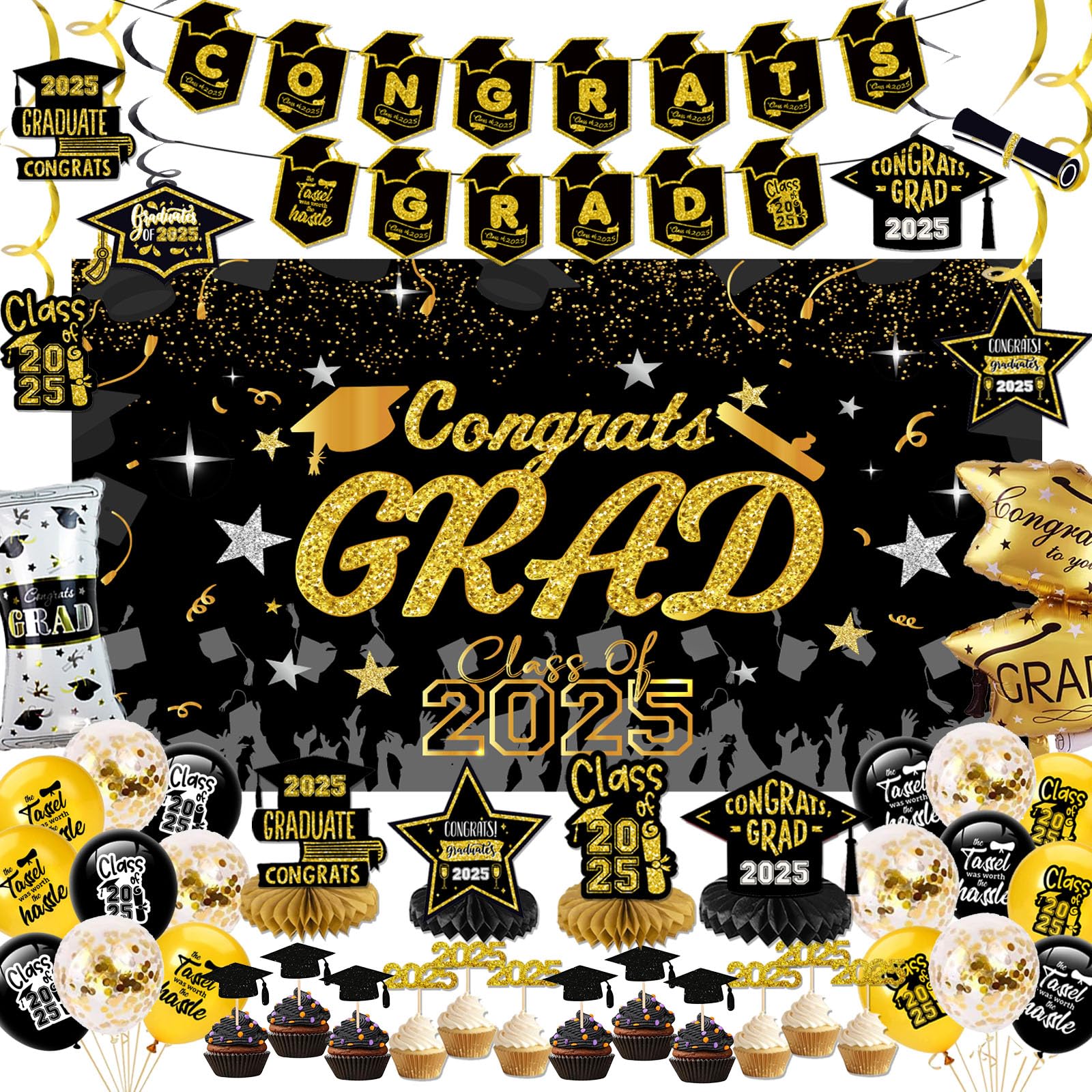 Graduation Decorations 2025-Black and Gold Graduation Party Decorations ...