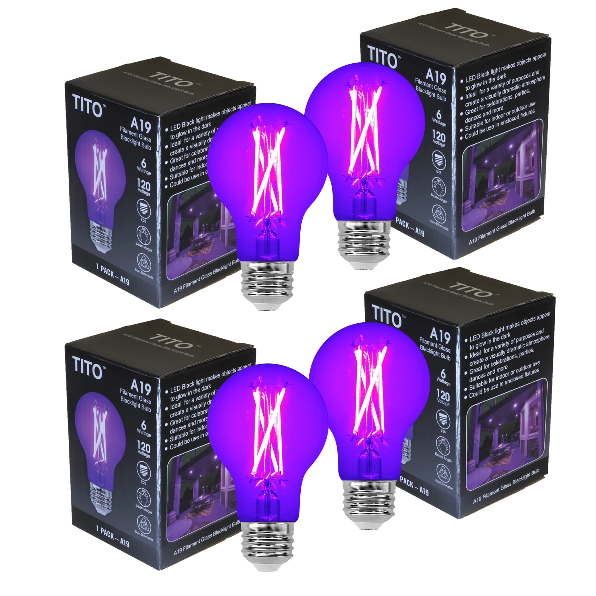 Mua TITO 4 Pack A19 E26 Filament LED Black Light Bulbs, UVA 385-400nm ...