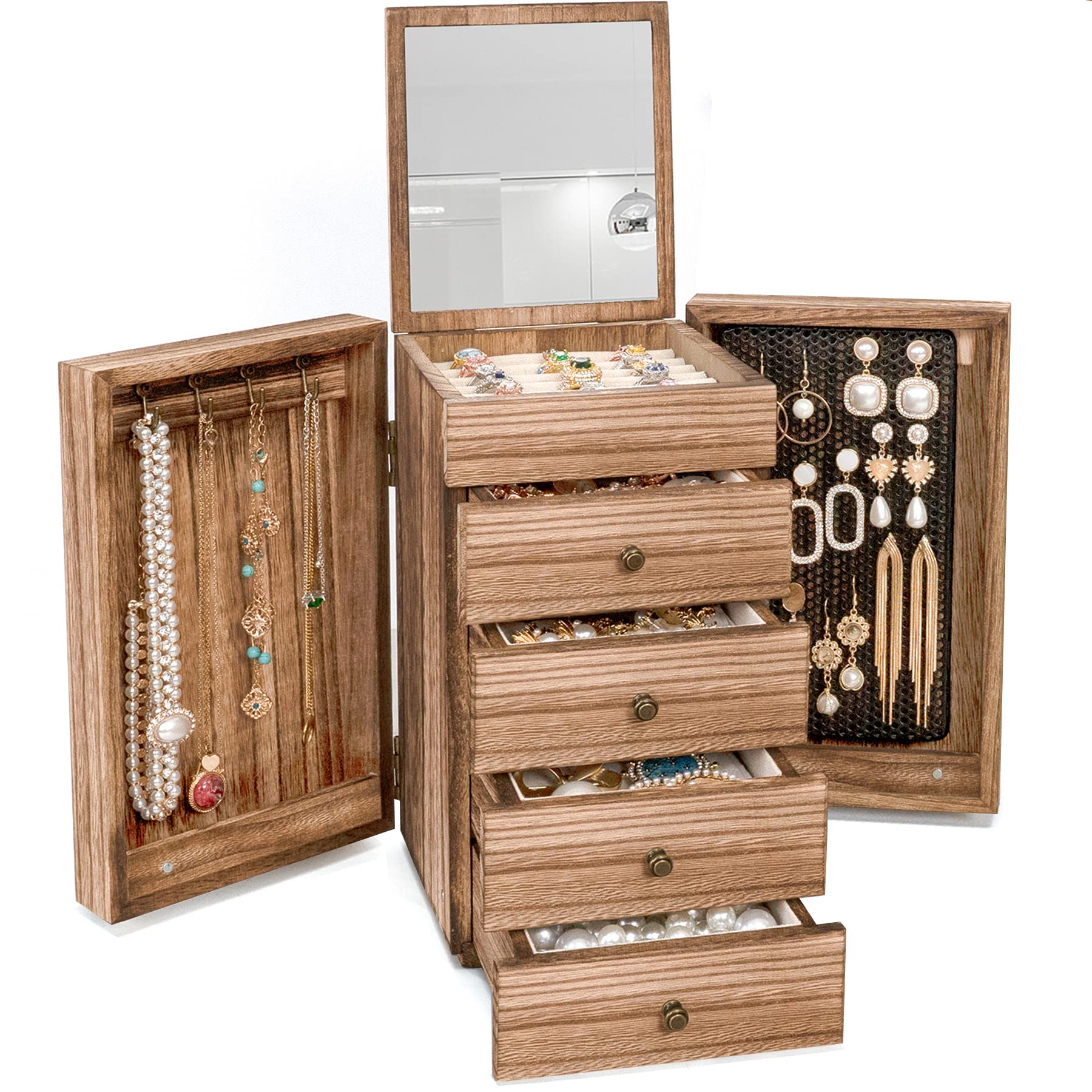 Meangood Jewelry Box Wood for Women, 5-Layer Large Organizer Box with ...