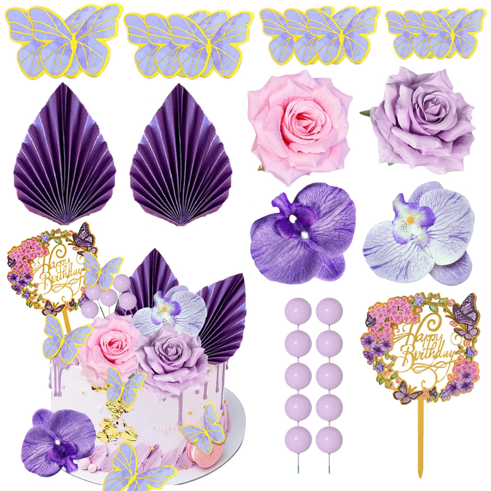 27 PCS Flower Cake Toppers Acrylic Cake Toppers Happy Birthday ...