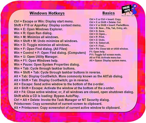 Amazon.com: Mouse Mats Windows Hotkey/ Keyboard Shortcut Cheat Sheet ...