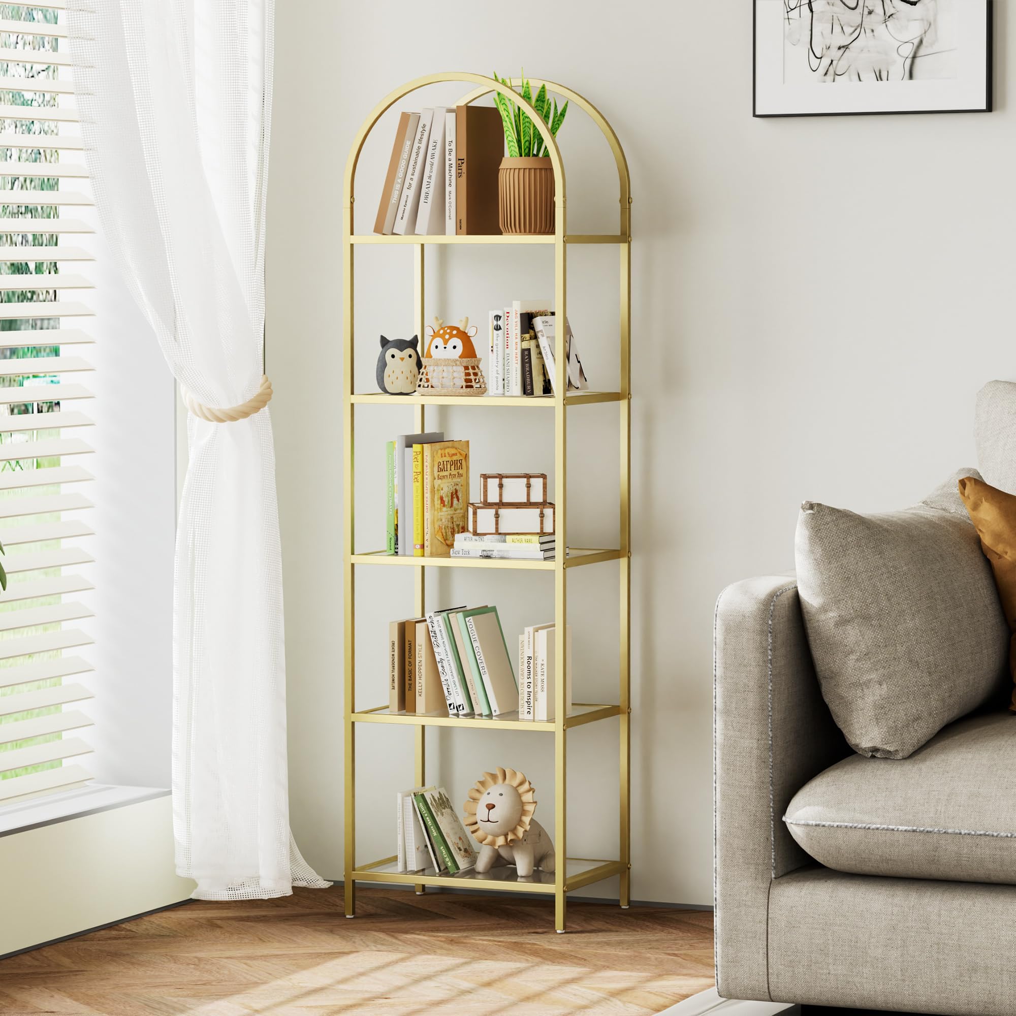 Homhedy 5-Tier Narrow Bookshelf Arched Display Rack, Skinny Tall ...