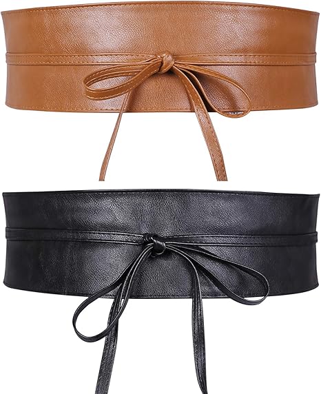 Women Obi Style Waist Belt Soft Faux Leather Wide Wrap Around Bowknot ...