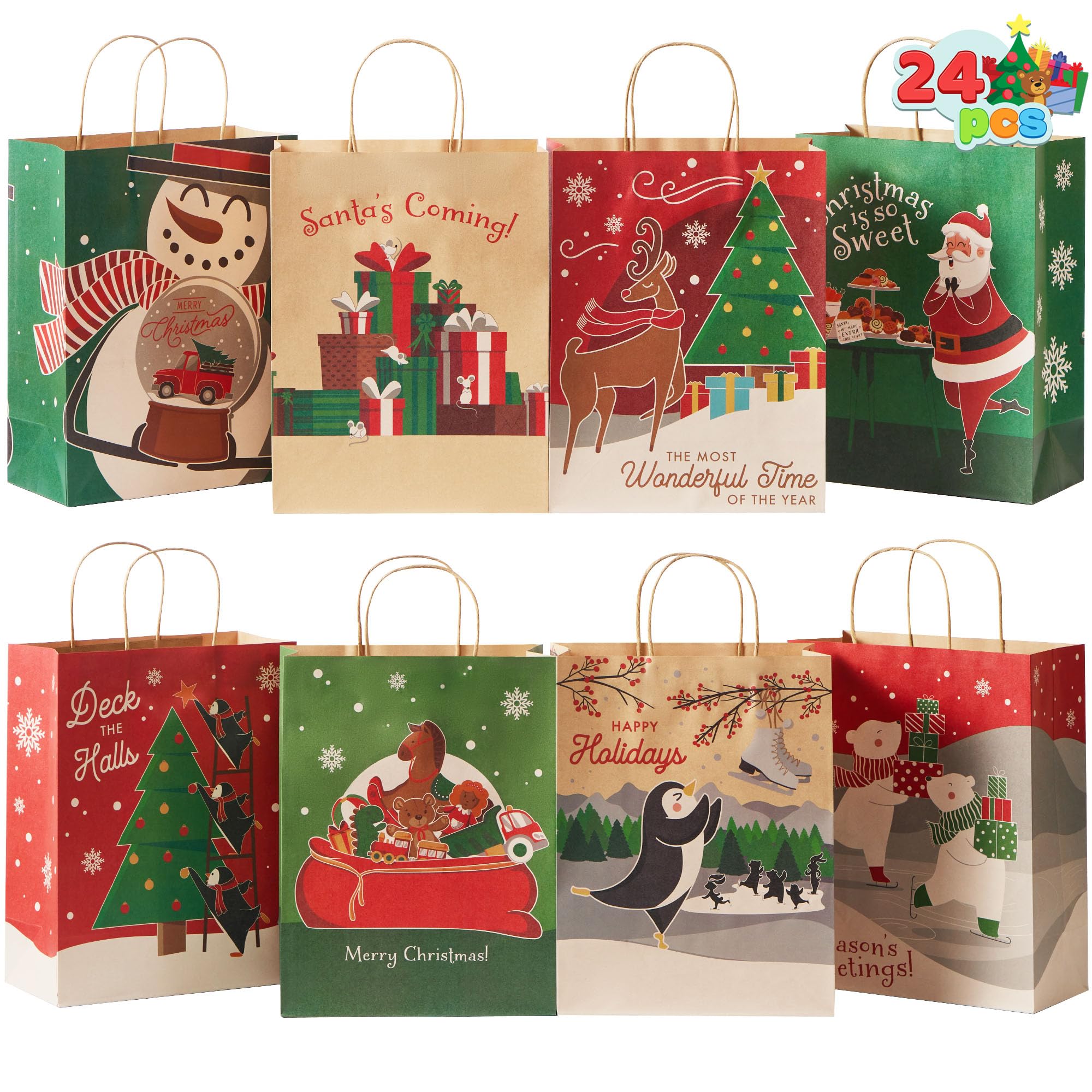 JOYIN 24 Pcs Christmas Kraft Paper Gift Bags with Twine Handles, 10 X ...