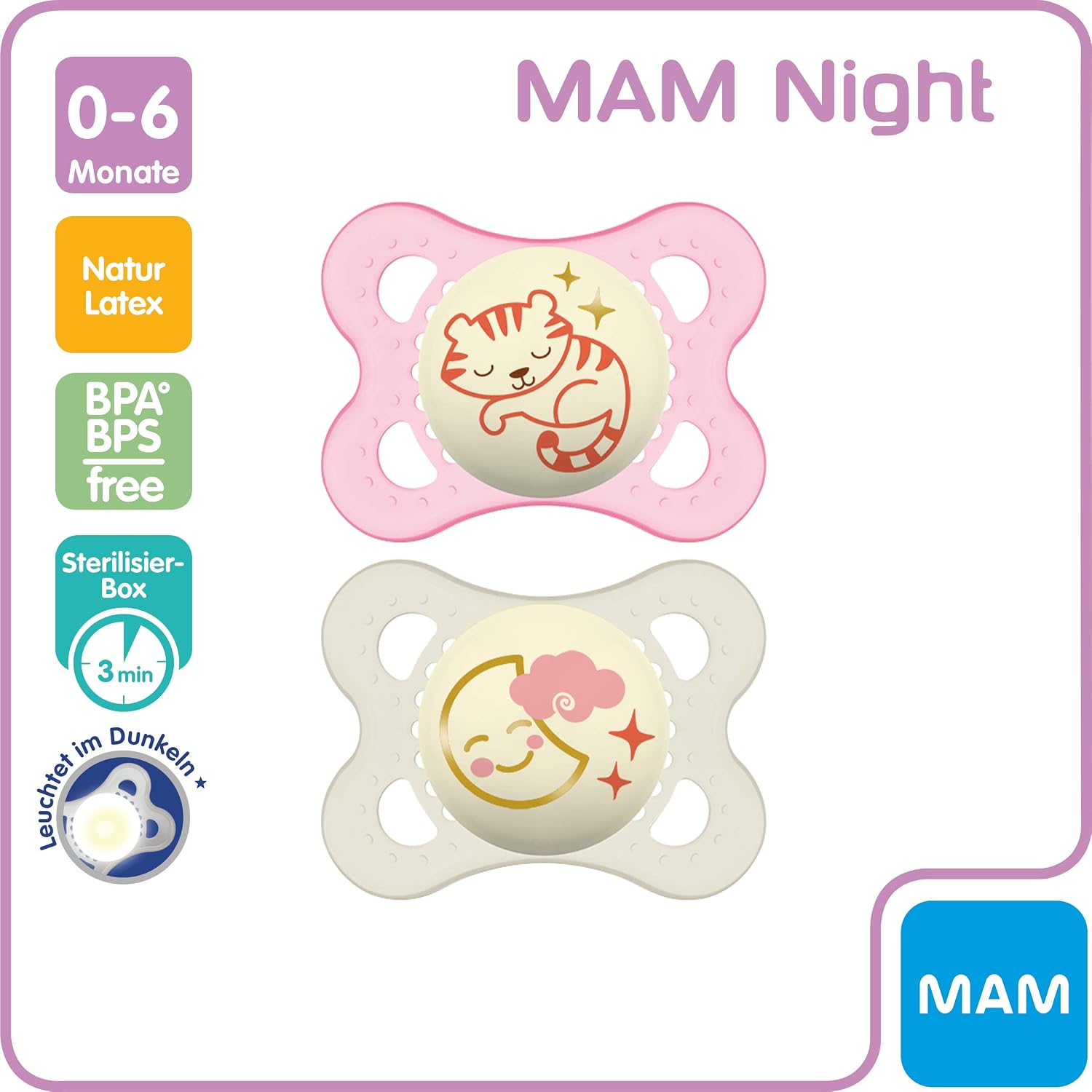 MAM Night Latex Dummy Set of 2, Luminous Baby Dummy, Teeth Friendly and ...