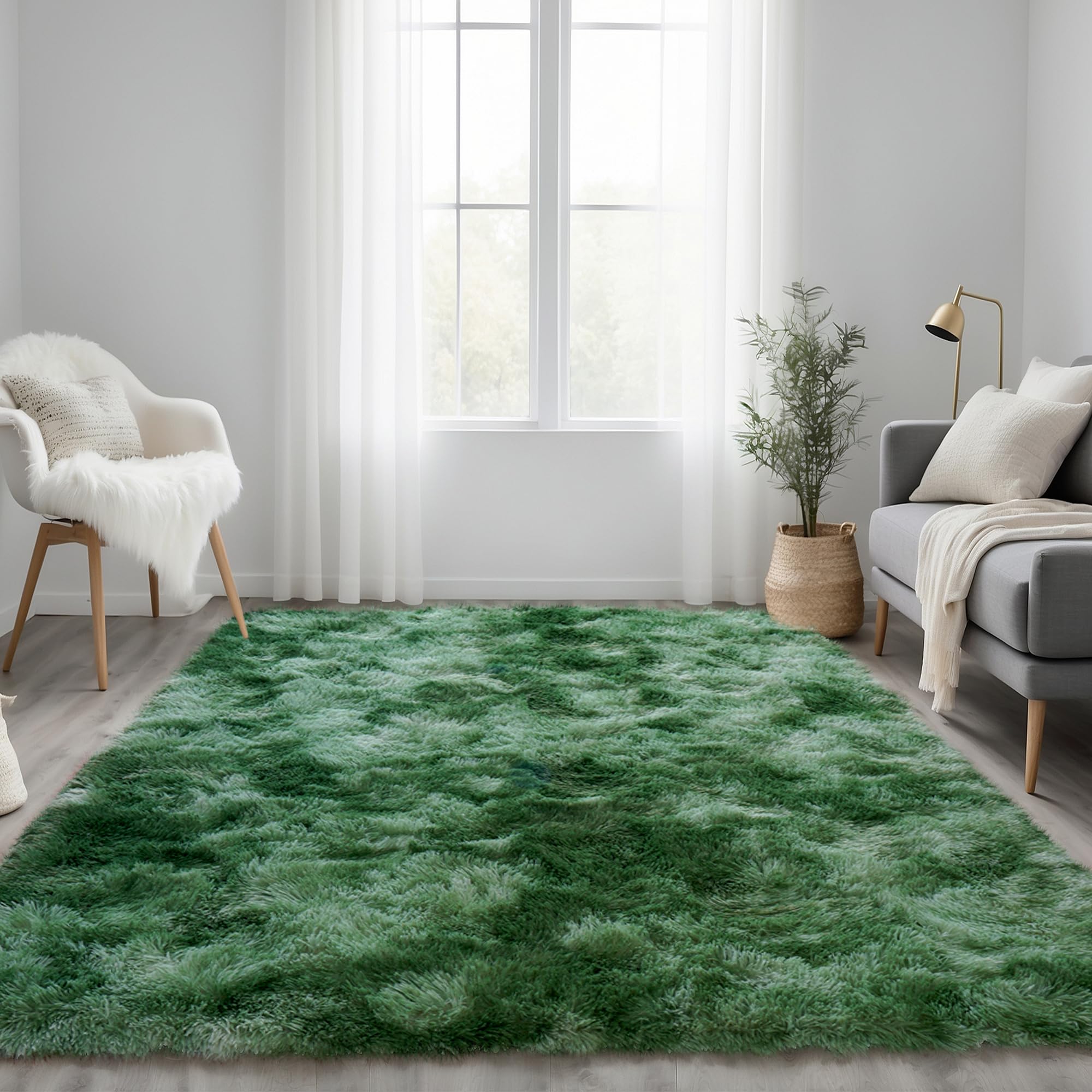OHDS Tie-Dyed Green Fluffy Rug for Bedroom 4x5.9 ft - Ultra Soft & Non ...