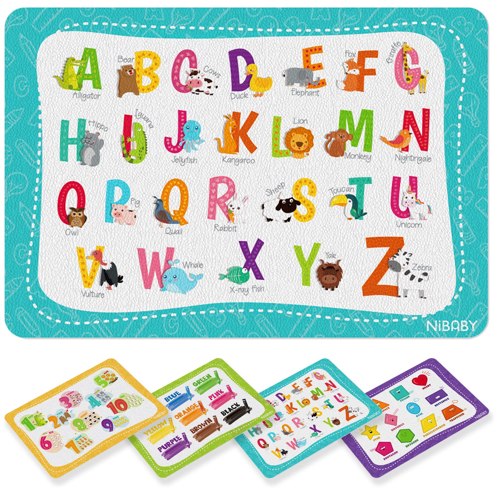 NiBaby Kids' Non Slip Educational Placemats Set of 4 Washable, Children ...