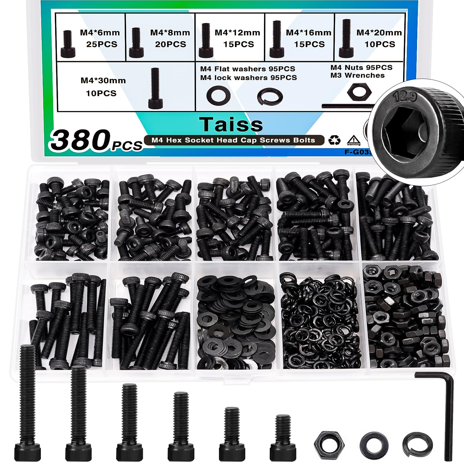 Taiss 380PCS M4 Screw Kit,Hex Socket Head Cap Screws Assortment with ...