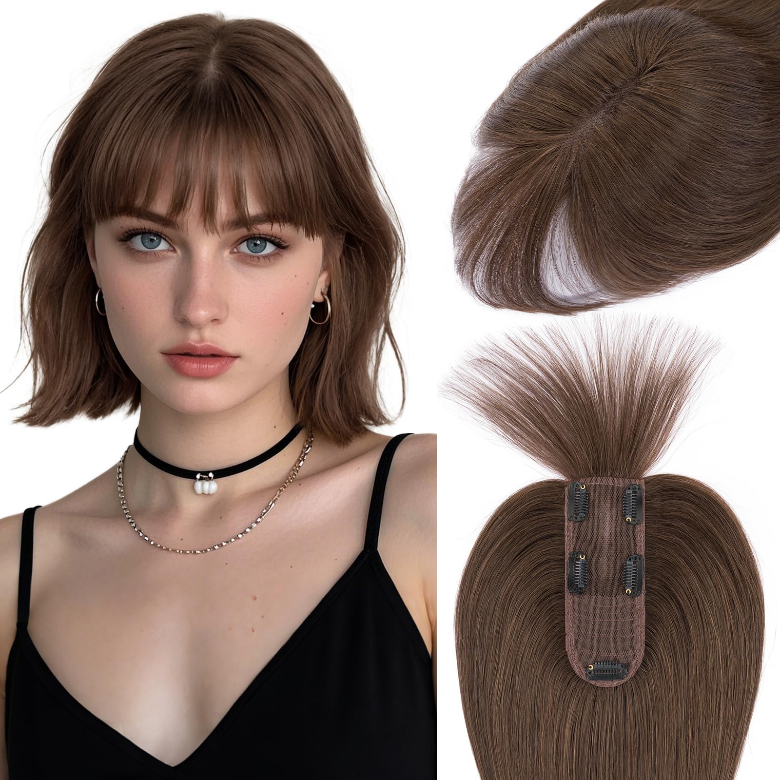 Hairro Human Hair Toppers For Women Wispy Air Bangs 3D Cover Remy Short ...