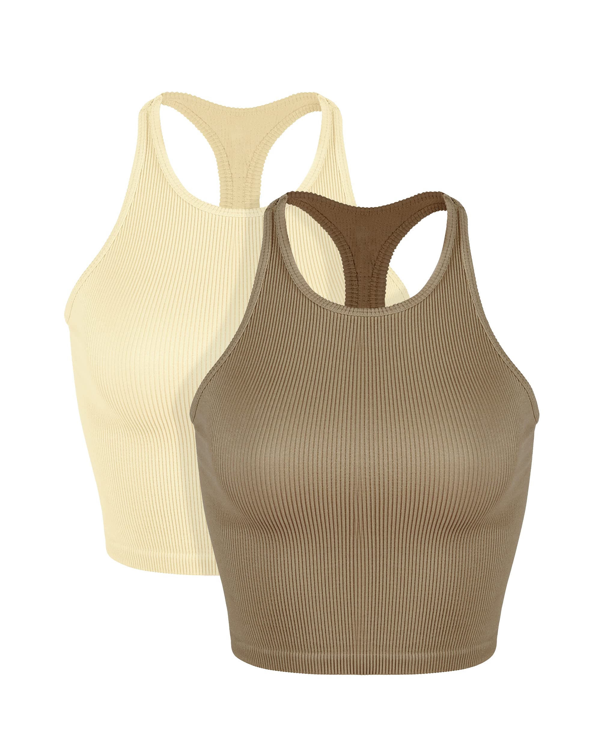 ODODOS Women's 2 Pack Seamless Tank Tops Racerback Ribbed Sleeveless Crop Top, Beige Brown, X ...