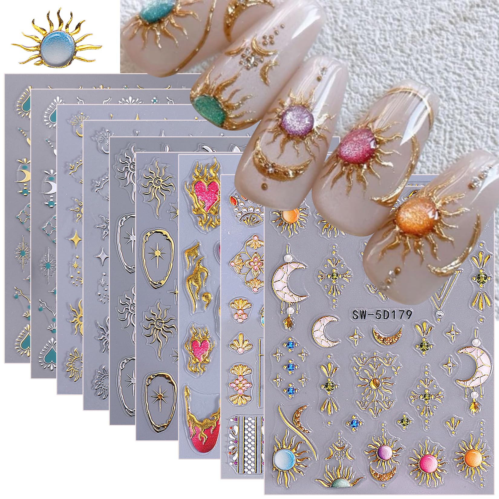 Sun Nail Stickers Decals 9 Sheets Bohemian Style Nail Art Stickers 5D ...