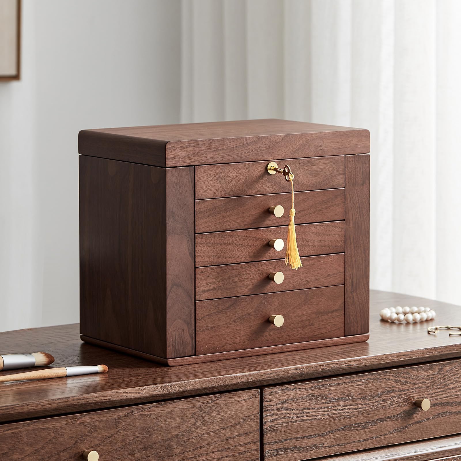 Homruilink Black Walnut Wooden Jewelry Box, 5-Layer Solid Wood Jewelry ...