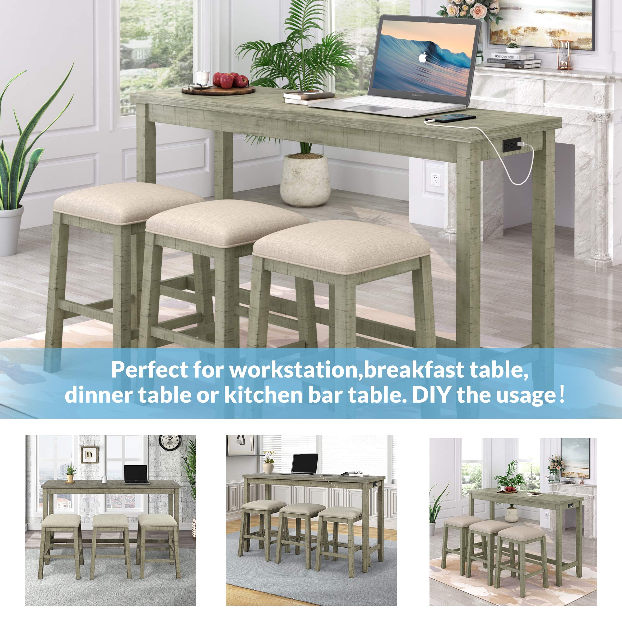 Merax 4-Piece Counter Height Bar Table Set With Socket And Fabric ...