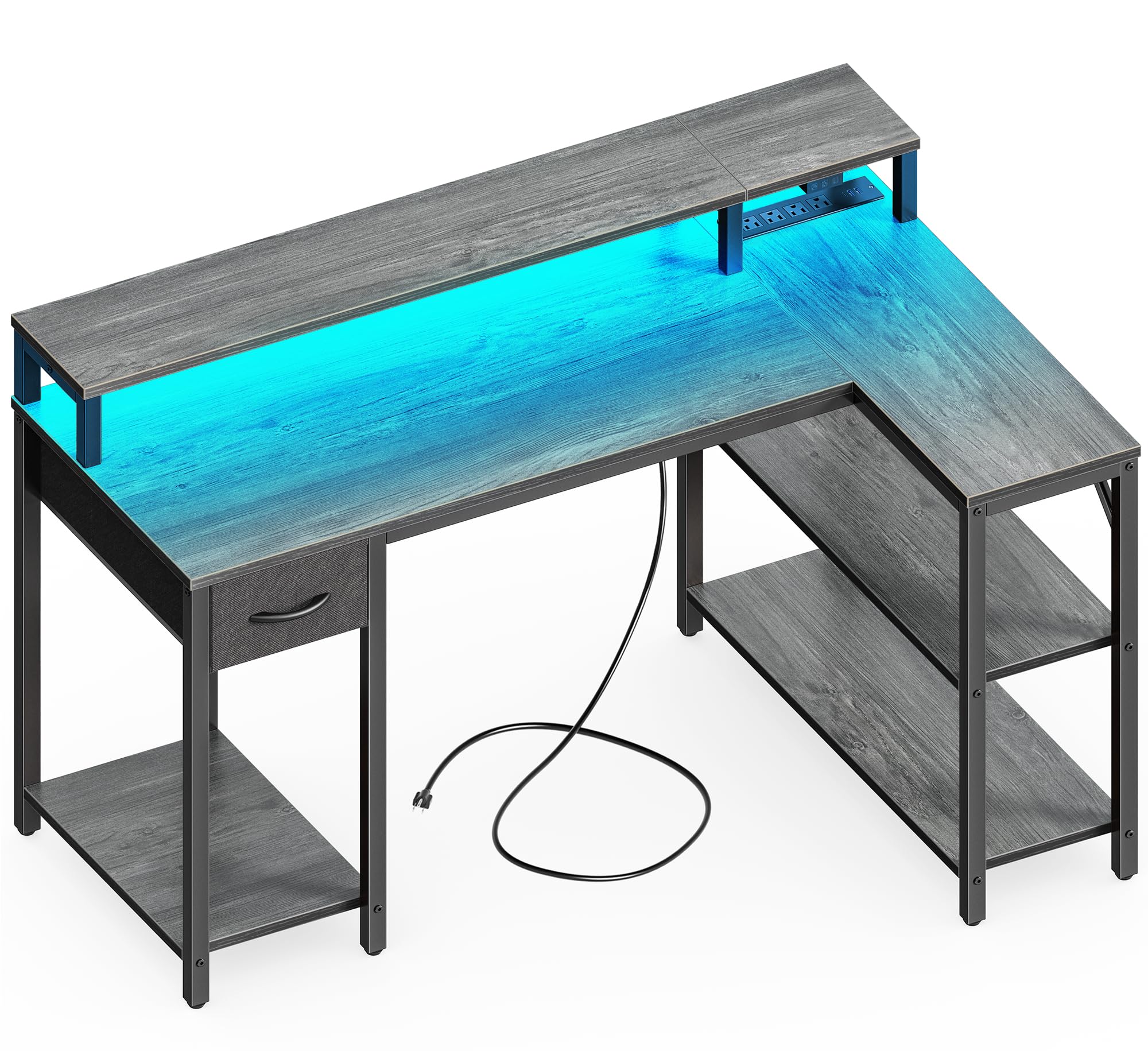 SUPERJARE 47 inch Reversible L Shaped Desk with LED Lights & Power ...