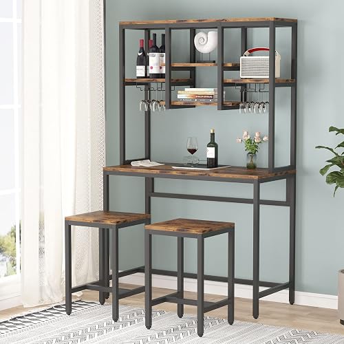 Tribesigns Bar Table with 2 Chairs, Bar Desk with Hutch Storage Shelves ...