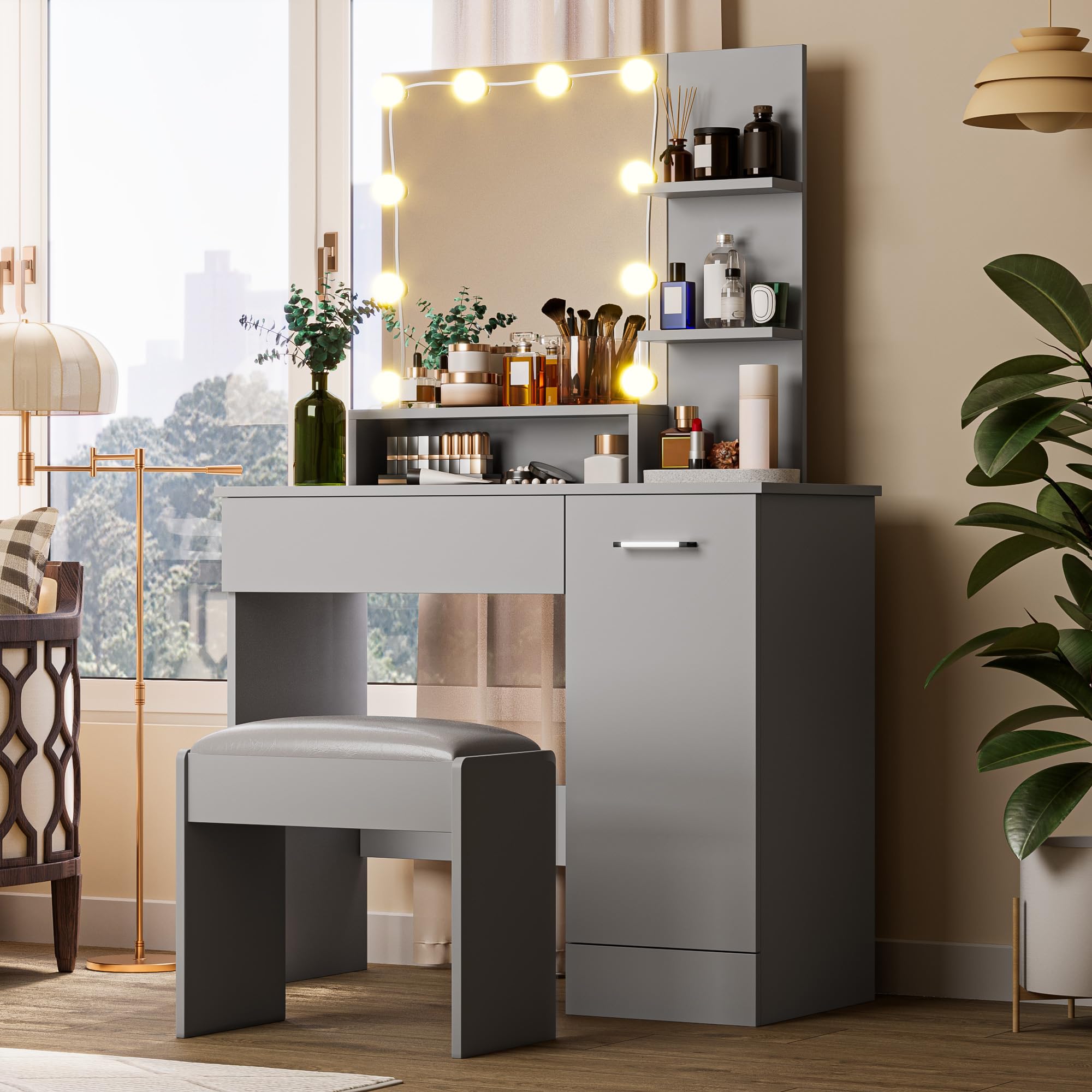 Mua Grey Vanity Table with DIY Lighted Mirror, Makeup Vanity Table Set ...