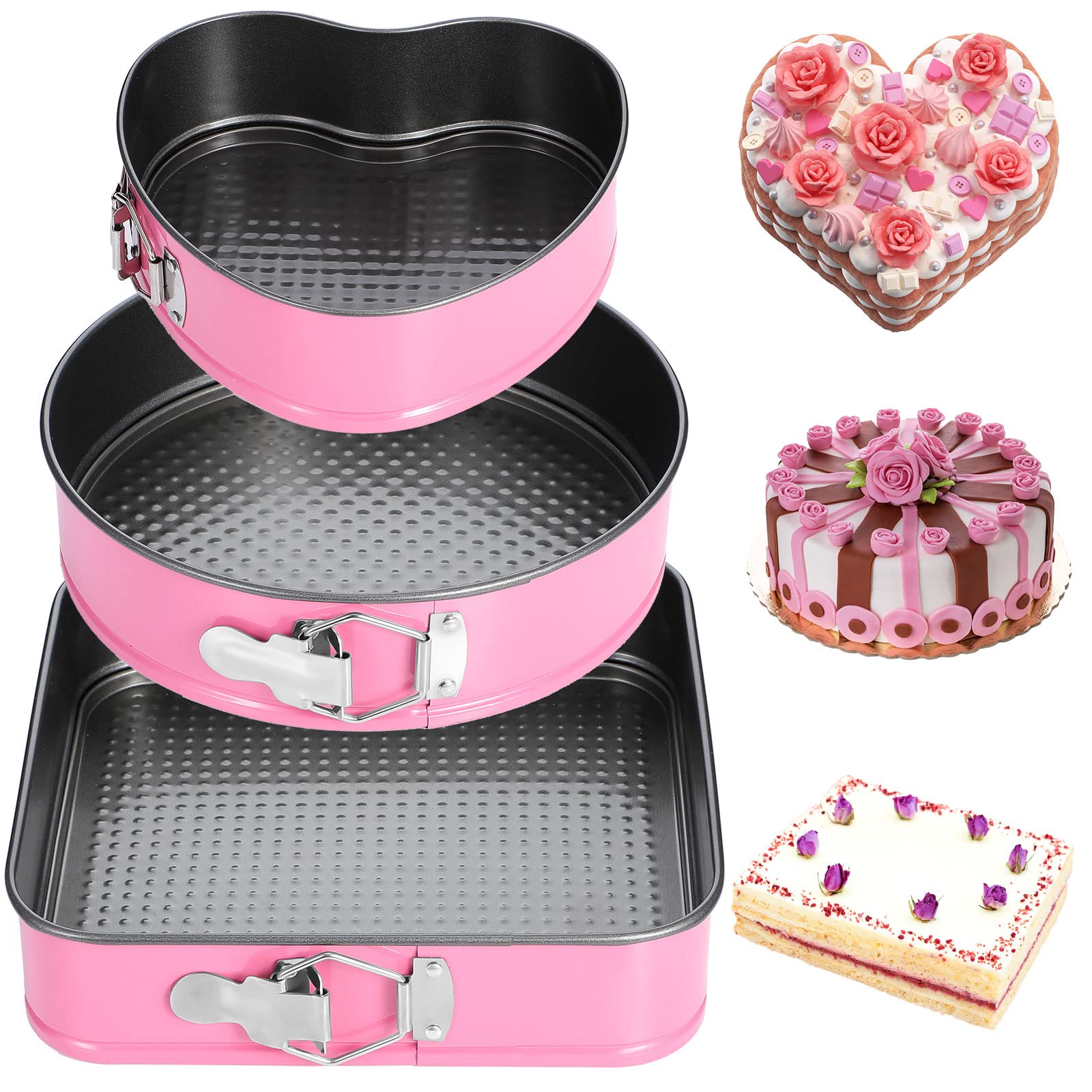 Tatuo Pink Spring Form Pan Set 3 Pieces Round Square and Heart Shaped ...