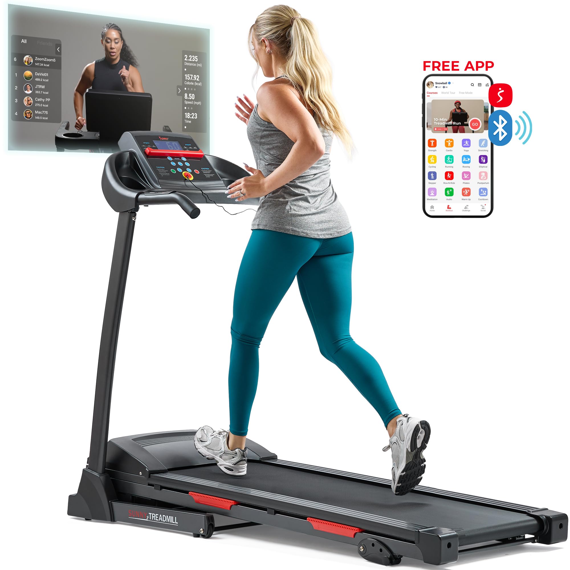 Sunny Health & Fitness Adjustable Incline Foldable Smart Treadmill with ...