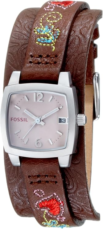 Fossil JR1113 Ladies Brown Leather Cuff Strap Watch with Pink Dial ...