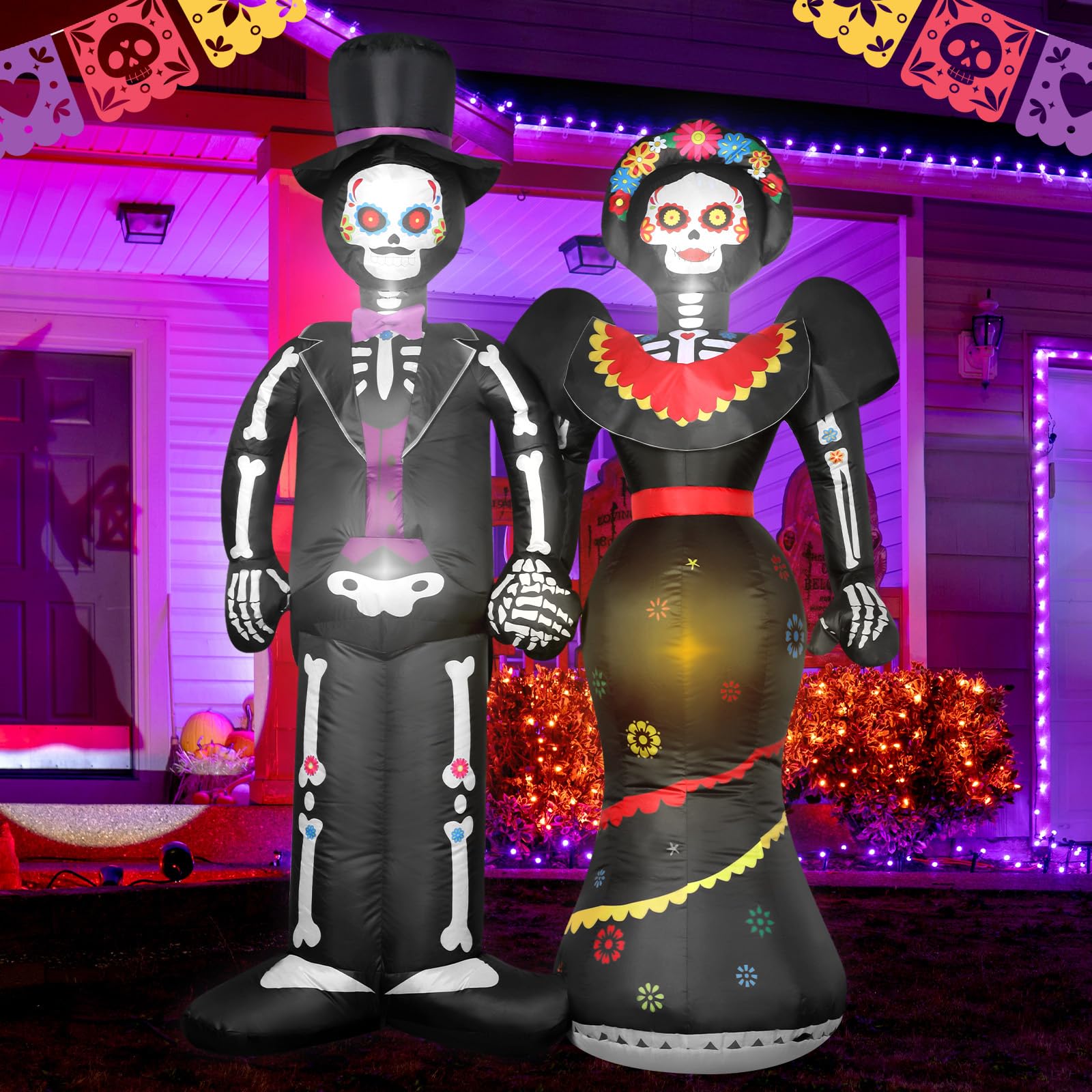 Kitticcino Day of The Dead Inflatable 5.6 FT Skeleton Couple Built-in ...