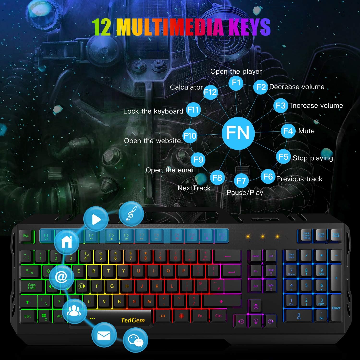 Gaming Keyboard, TedGem Gaming Keyboards USB Wired Keyboard LED Backlit ...