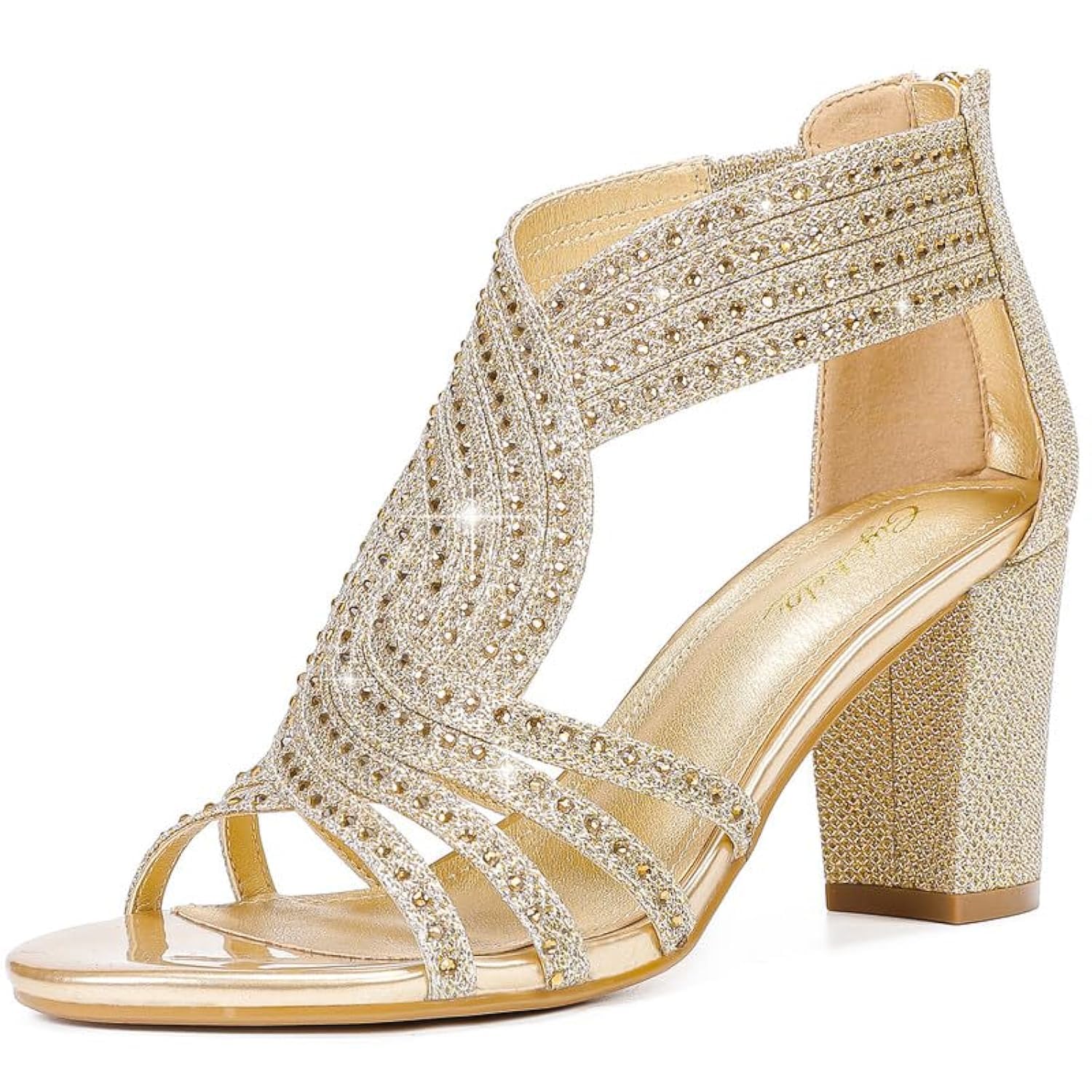 Gufobela Heels for Women Chunky Rhinestone Block Heeled Sandals Sparkly ...