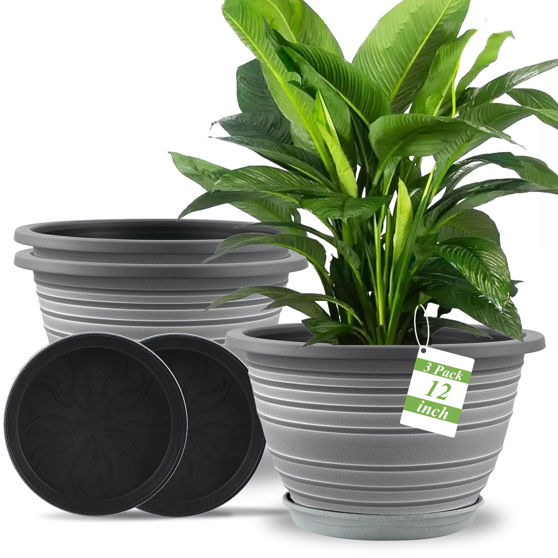 KPUVX Large-Planter-Indoor-Outdoor Plant Pots, 12 inch 3 Pack Plastic ...