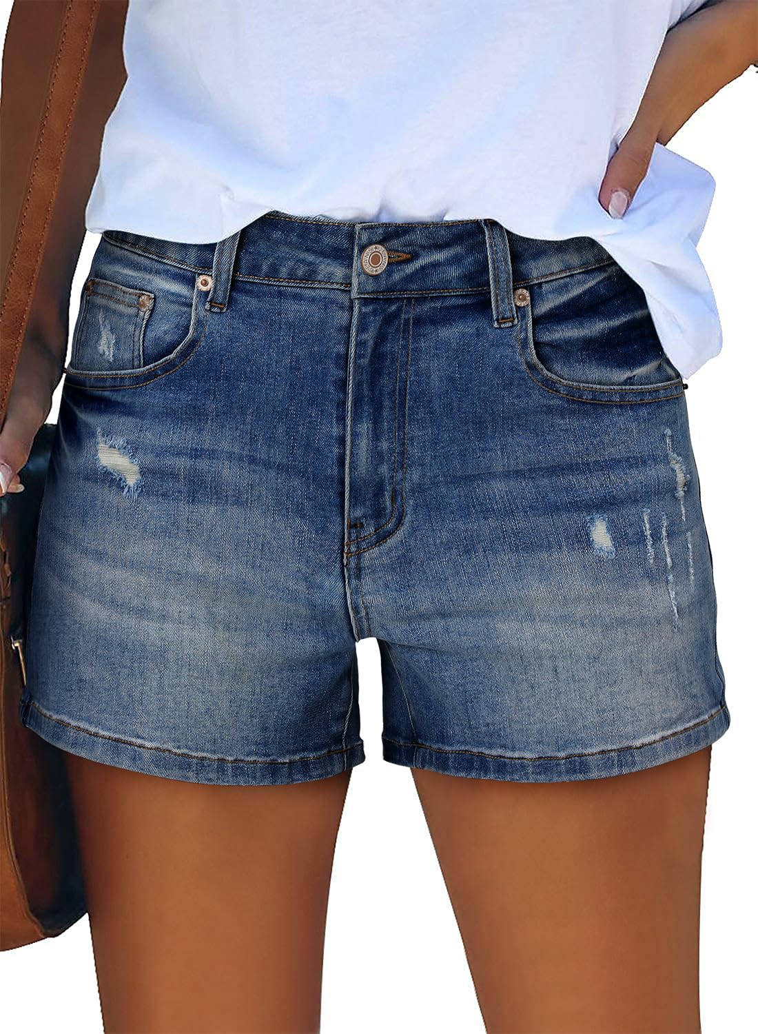CHICZONE Mid-High Waist Ripped Denim Jean Shorts Women Destroy Stretchy ...