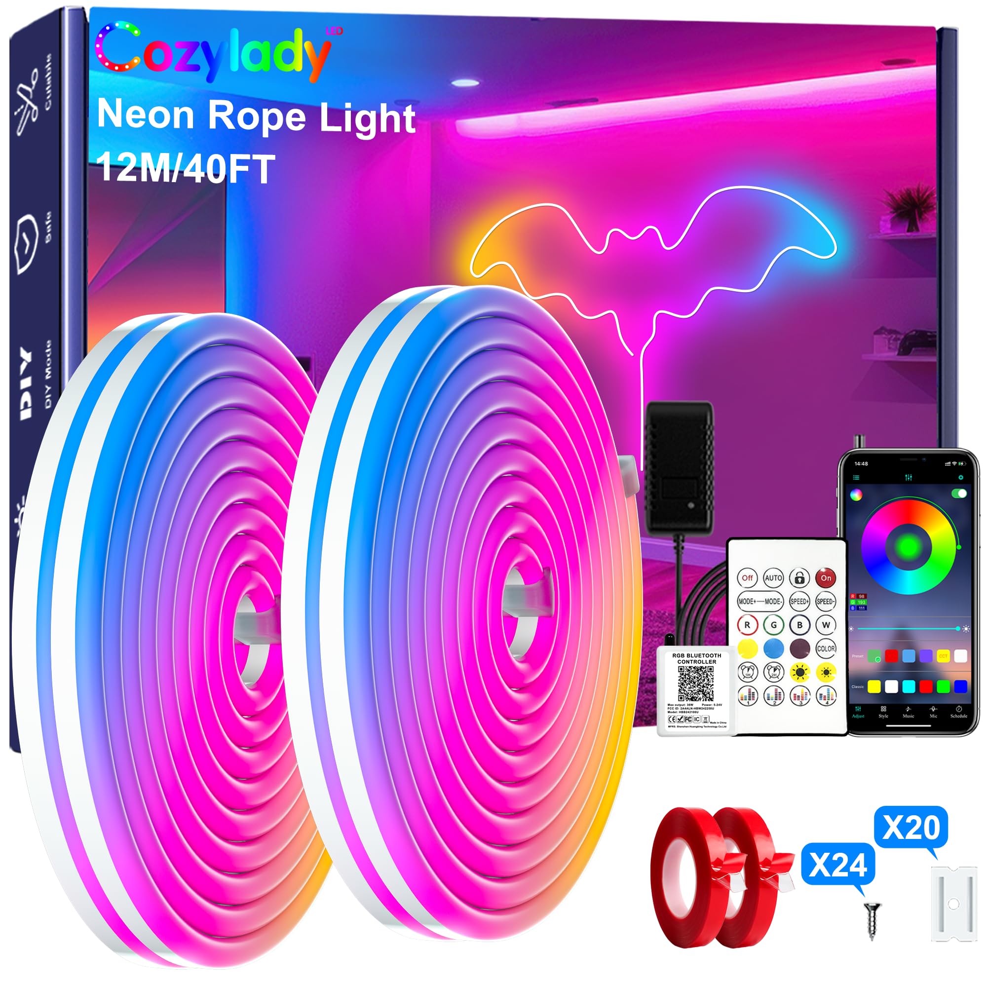 Cozylady 40Ft RGB LED Neon Rope Lights for Bedroom, 12m LED Strip Lamp ...